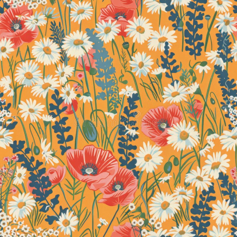 Vibrant Floral Pattern with Poppies and Daisies on Orange Background ...