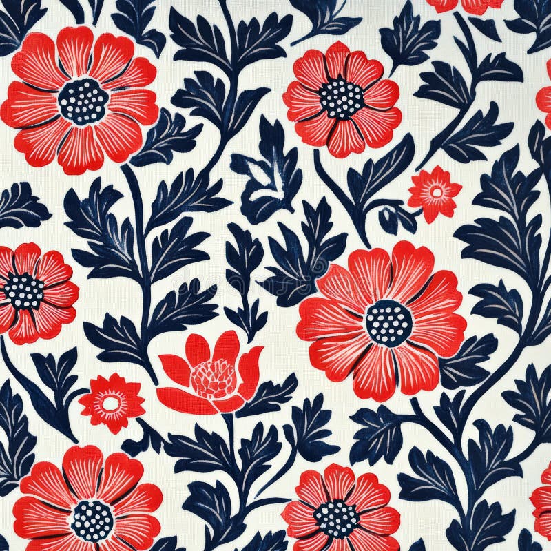 Vibrant Floral Pattern with Red and Blue Flowers on Cream Background Stock Illustration ...