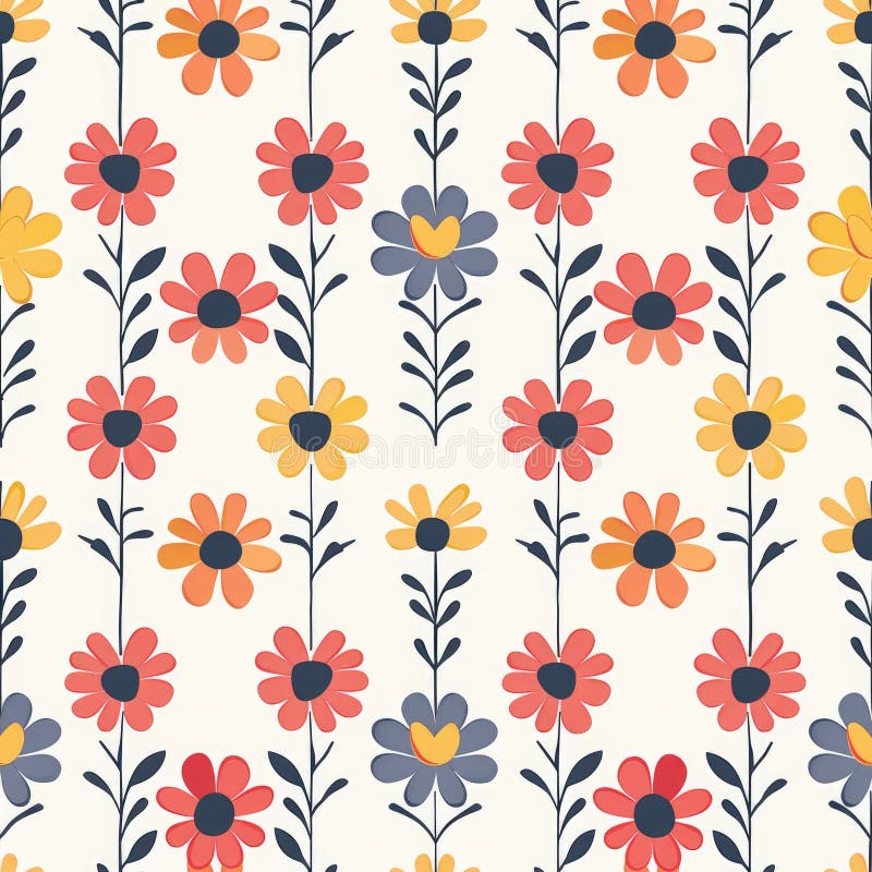 Vibrant Floral Pattern with Red, Blue, and Yellow Blooms Stock Illustration - Illustration of ...