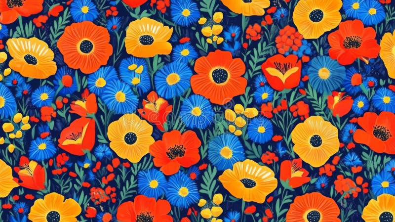 Vibrant Floral Pattern with Red Blue Yellow Poppies Stock Illustration - Illustration of blue ...