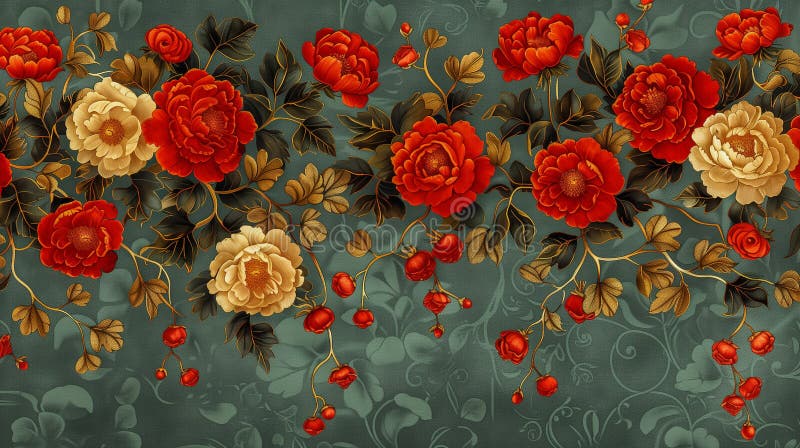 Vibrant Floral Pattern with Red and Gold Flowers Stock Illustration ...