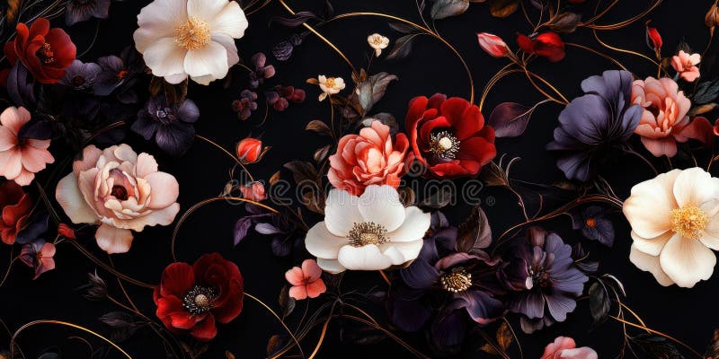 Vibrant Floral Pattern with Red, White, and Pink Blooms on Black ...
