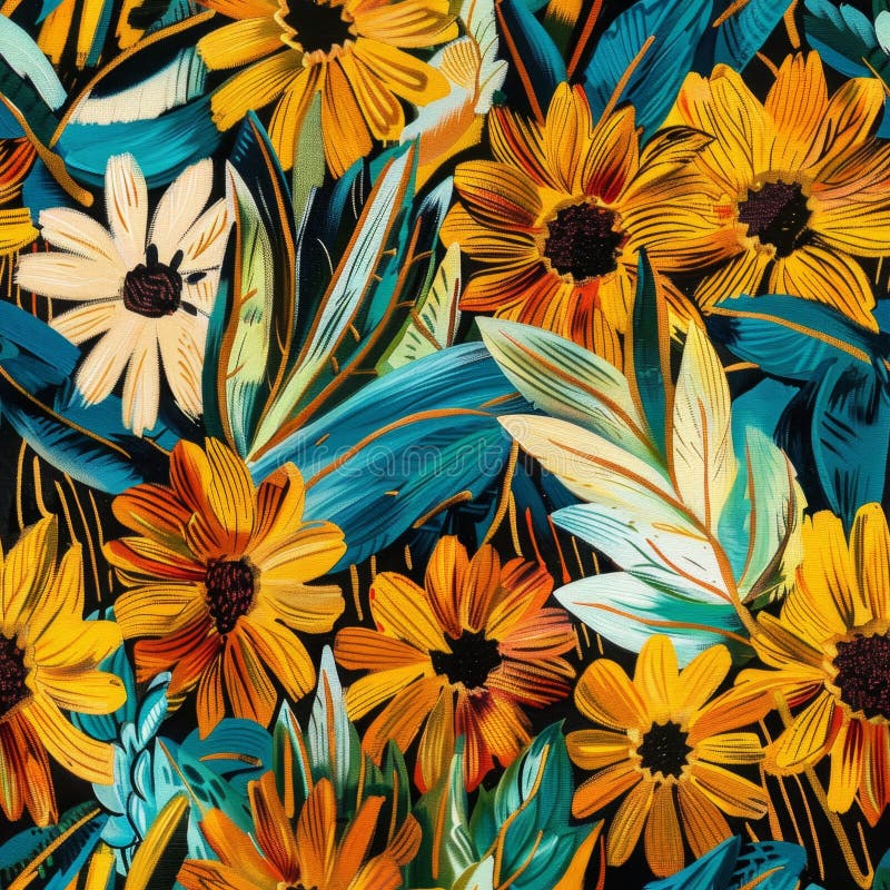 Vibrant Floral Pattern with Tropical Leaves and Bold Sunflowers Stock Photo - Image of ...