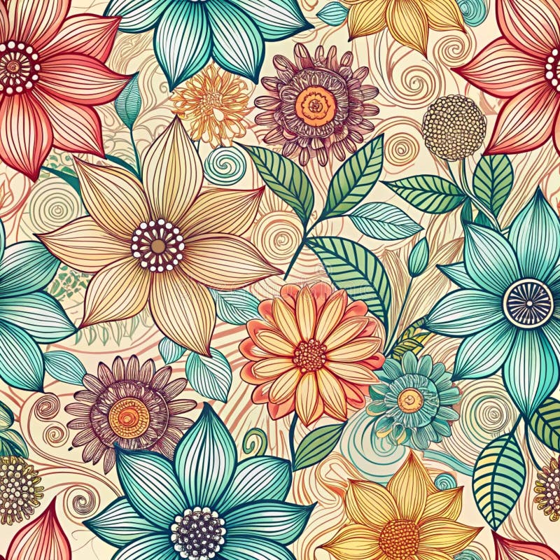 Vibrant Floral Pattern with Various Colors and Detailed Linework Stock ...