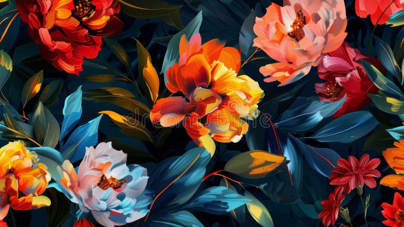 Vibrant Floral Patterns: Exotic Blooms with Lush Foliage Stock Photo ...