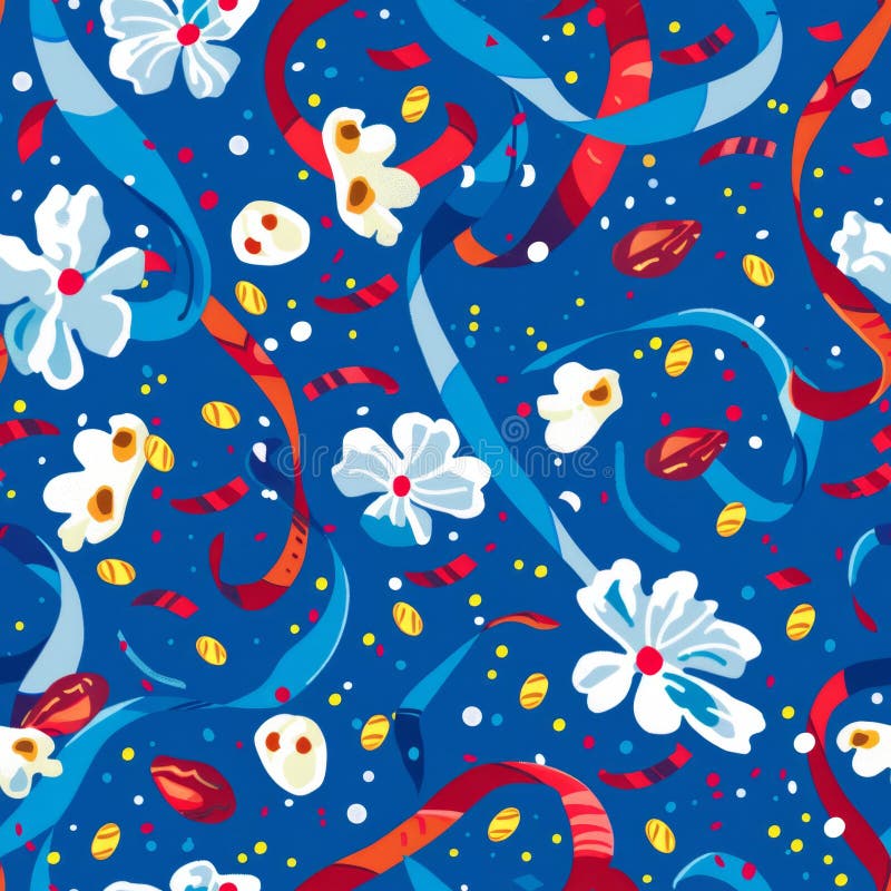 Vibrant Floral and Ribbon Pattern on Blue Background Stock Photo ...