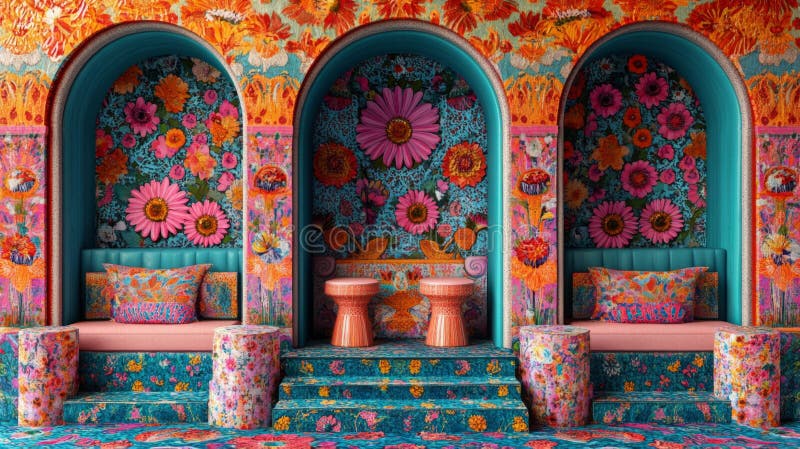 Vibrant Floral Room Design with Arched Seating Areas Stock Illustration ...