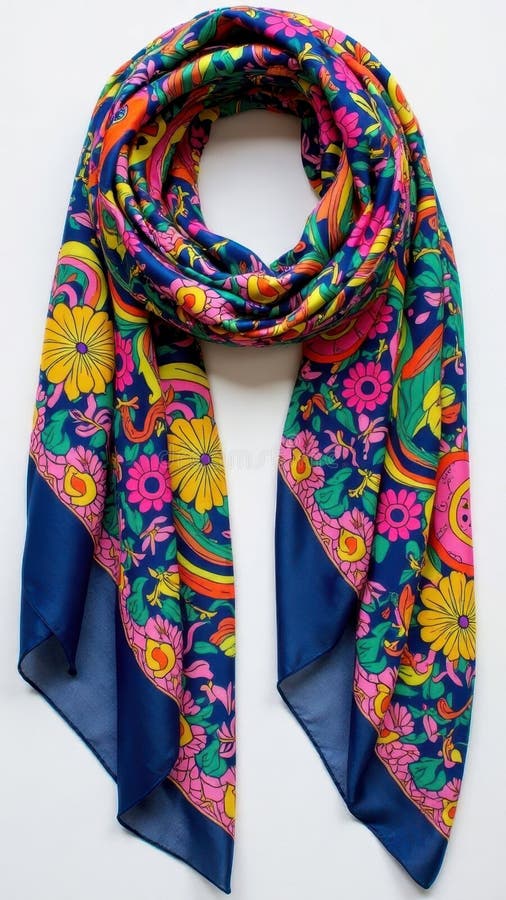 Vibrant Floral Scarf with Colorful Patterns and Blue Border Stock Image ...