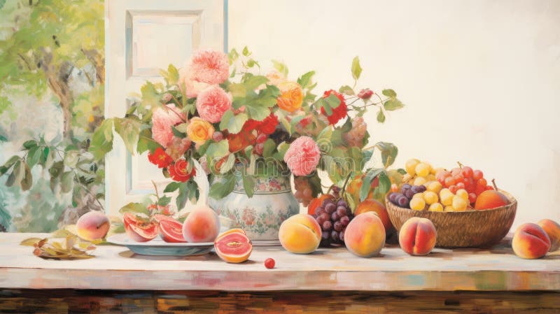 Vibrant Floral Still Life Painting with Fresh Fruit on a Table Stock ...