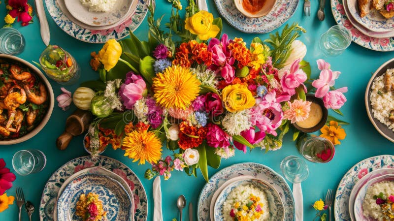 Vibrant Floral Table Setting with Colorful Dishes Stock Illustration ...