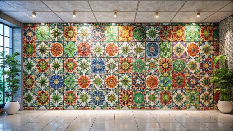 Vibrant Floral Tile Mural in Modern Interior Design Setting. Generative ...