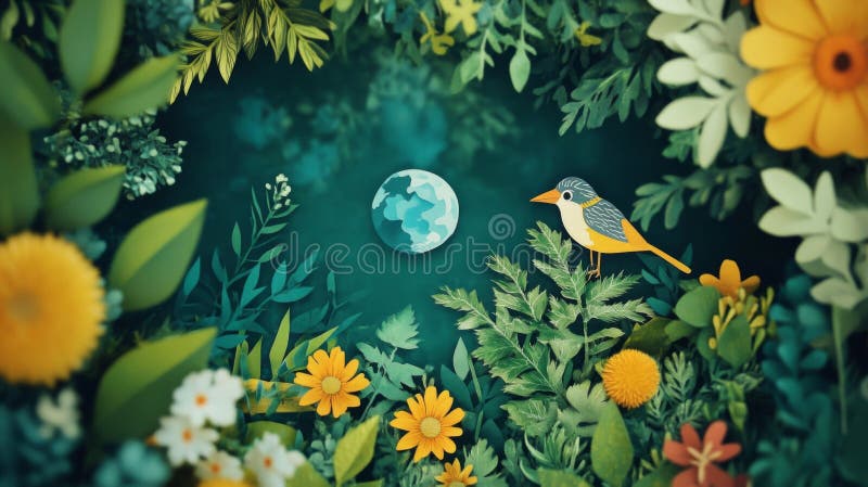 Vibrant Floral World Encompassing the Earth and a Small Bird Stock ...