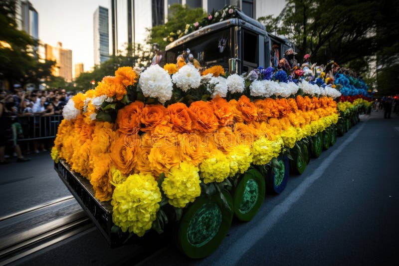 Vibrant Flower-adorned Parade Float with Urban Backdrop Stock Image ...