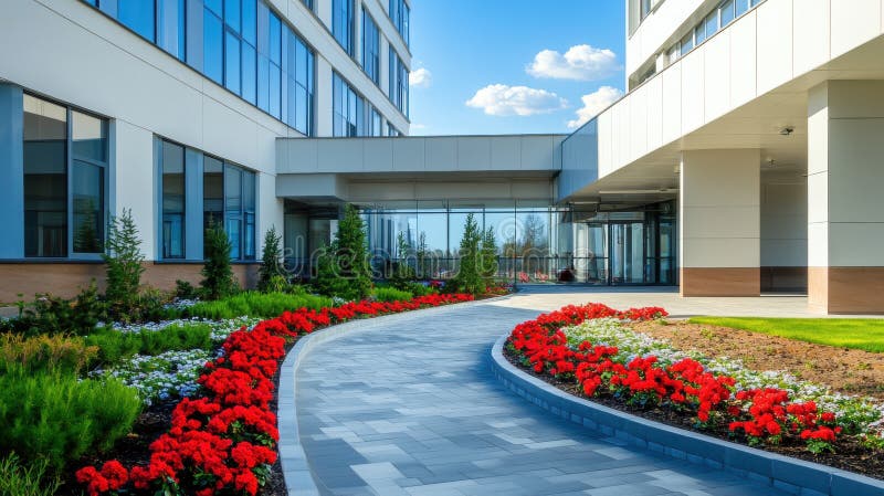 Vibrant Flower Beds Enhance Modern Building Architecture and Pathways ...