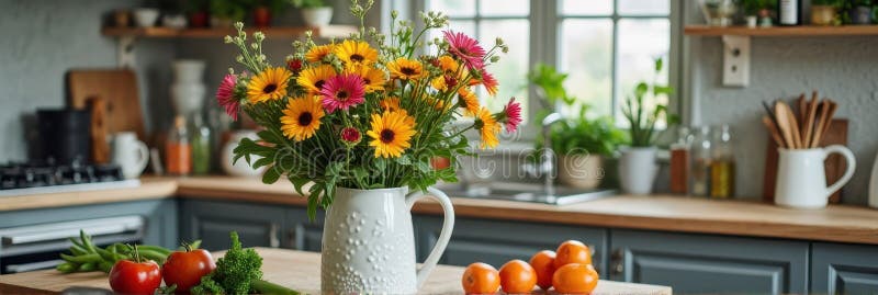 Vibrant Flower Bouquet in Cozy Kitchen with Fresh Vegetables Stock ...
