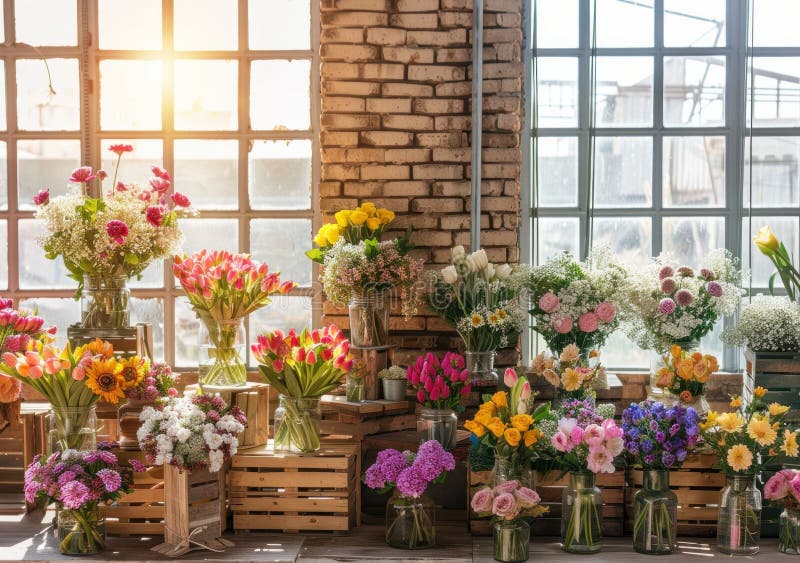 Vibrant Flower Display in a Rustic Interior with Sunlight Streaming ...