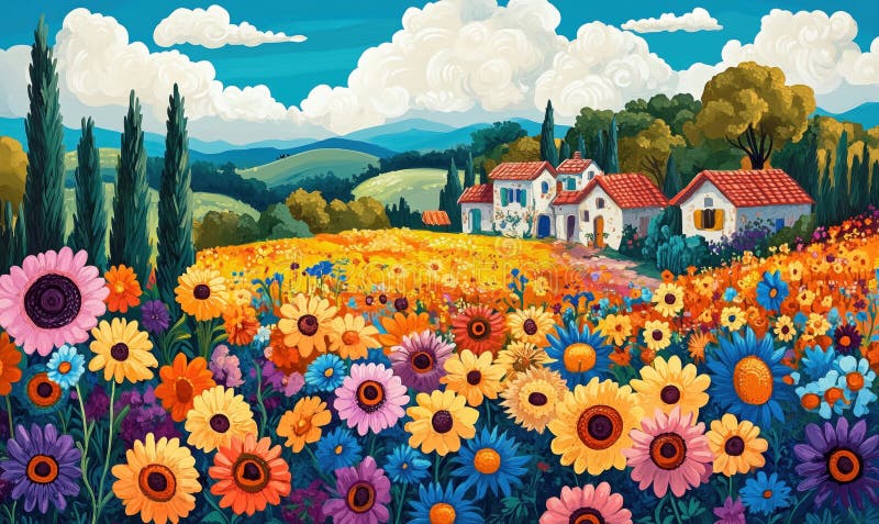 Vibrant Flower Field Landscape with Charming Cottage and Rolling Hills ...