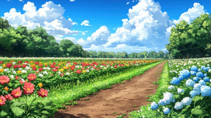 Vibrant Flower Field Path on Sunny Summer Day Stock Illustration ...