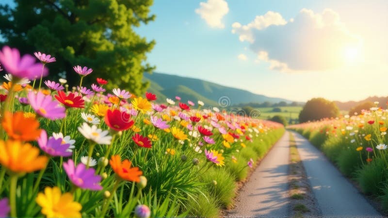 Vibrant Flower Field Path at Sunset Stock Illustration - Illustration ...