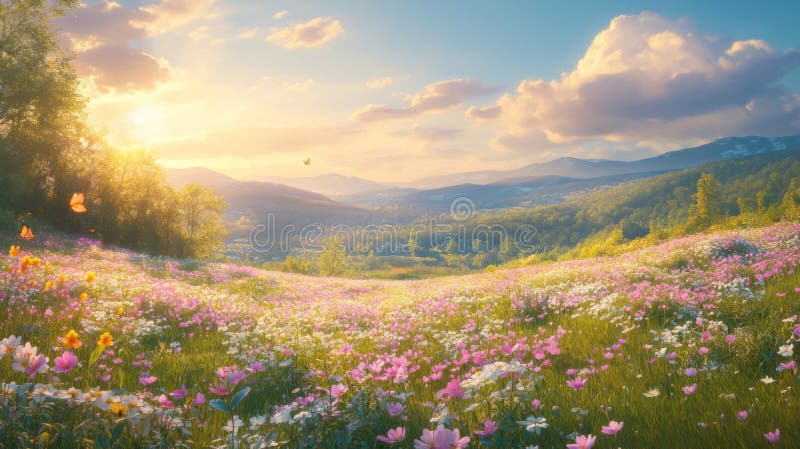Vibrant Flower Field at Sunset, Rolling Hills and Golden Sky Stock ...