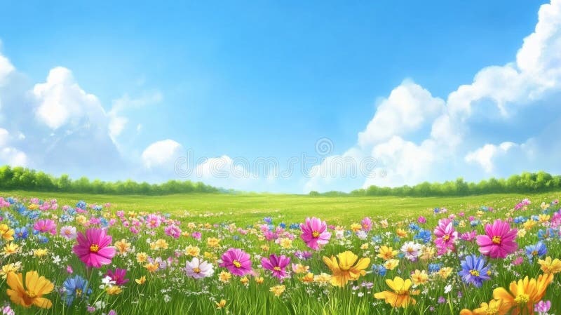 Vibrant Flower Field Under a Bright Blue Sky with Clouds Stock ...