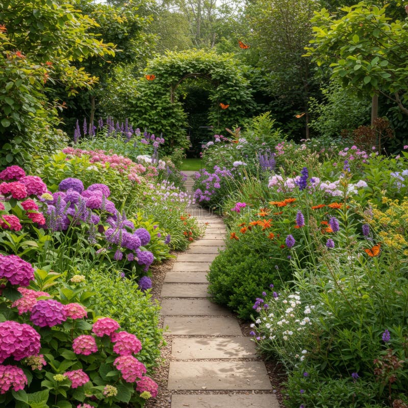 Vibrant Flower Garden Path with Hydrangeas Stock Illustration ...