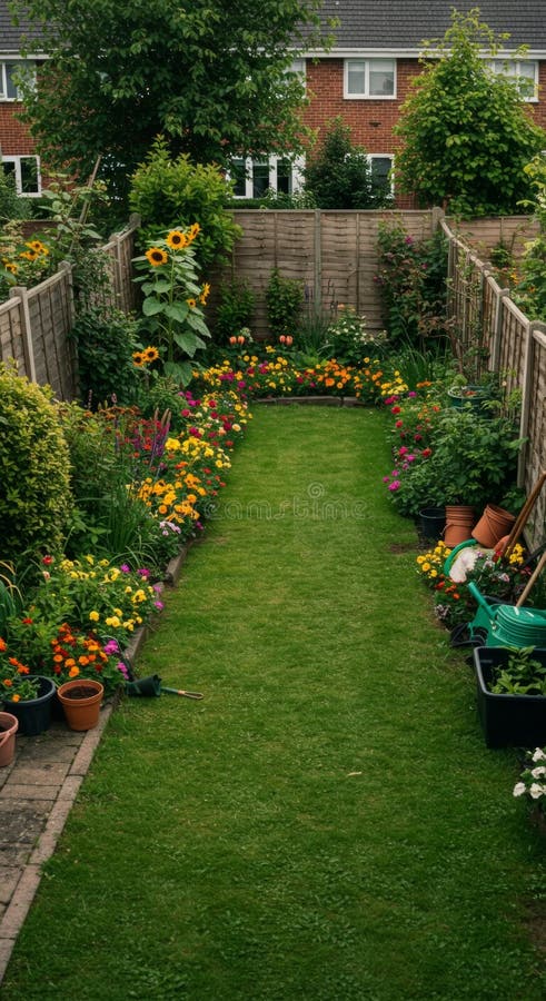 Vibrant Flower Garden Path, Lush Greenery, Summer Blooms Stock ...