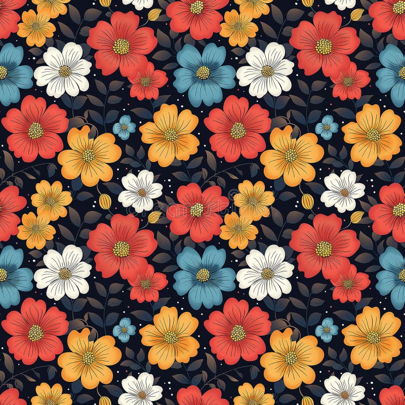 Vibrant Flower Pattern on Black Background Stock Image - Image of botanic, generative: 311911159