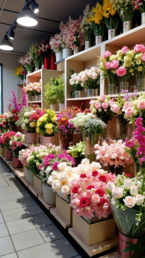 Vibrant Flower Shop Display with Colorful Bouquets and Arrangements ...