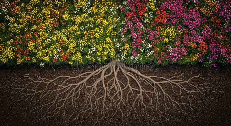 Vibrant Flowerbed and Extensive Root System Stock Illustration ...