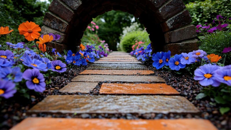 Vibrant Flowers Lining a Charming Stone Pathway Under a Rustic Brick ...