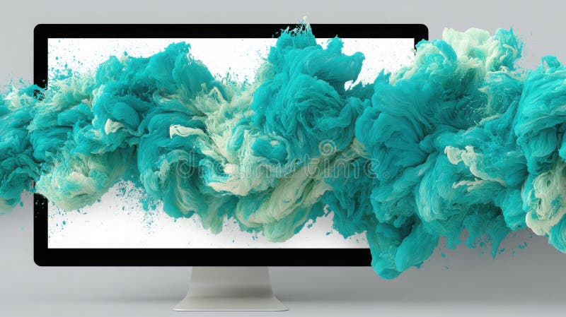 Vibrant Flowing Turquoise Blue and Green Swirls Emerging from Computer ...
