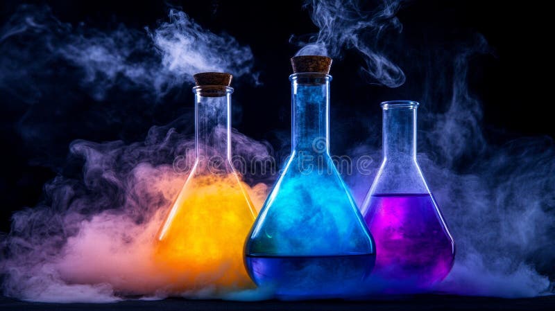 Vibrant Fluids Bubbling in Glass Beakers with Vapor Stock Photo - Image ...