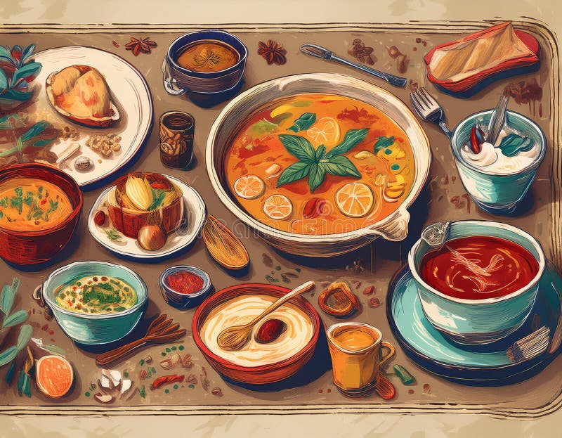 Vibrant Food and Drink Collage: Culinary Tools, Dishes and Rich Warm ...