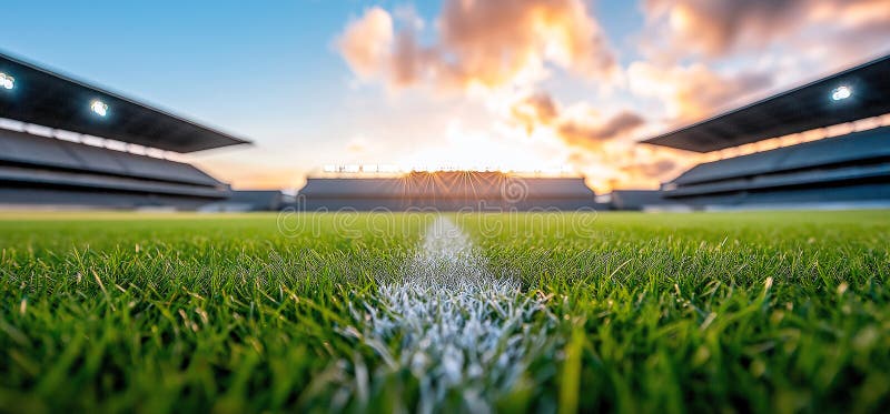 Vibrant Football Stadium at Sunset with Illuminated Field and Dramatic ...