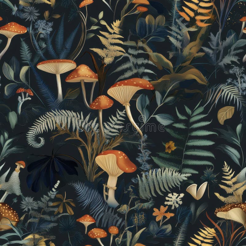 Vibrant Forest Mushrooms and Ferns Pattern - Modern Botanical. Stock ...