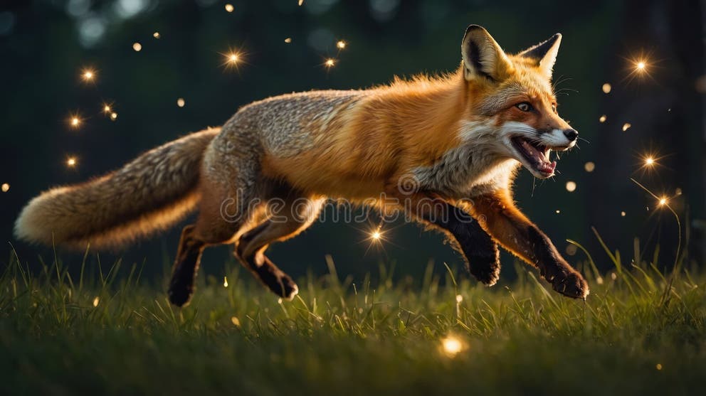 Red Fox Leaping through Sparkling Night Majestic Nighttime Wildlife ...