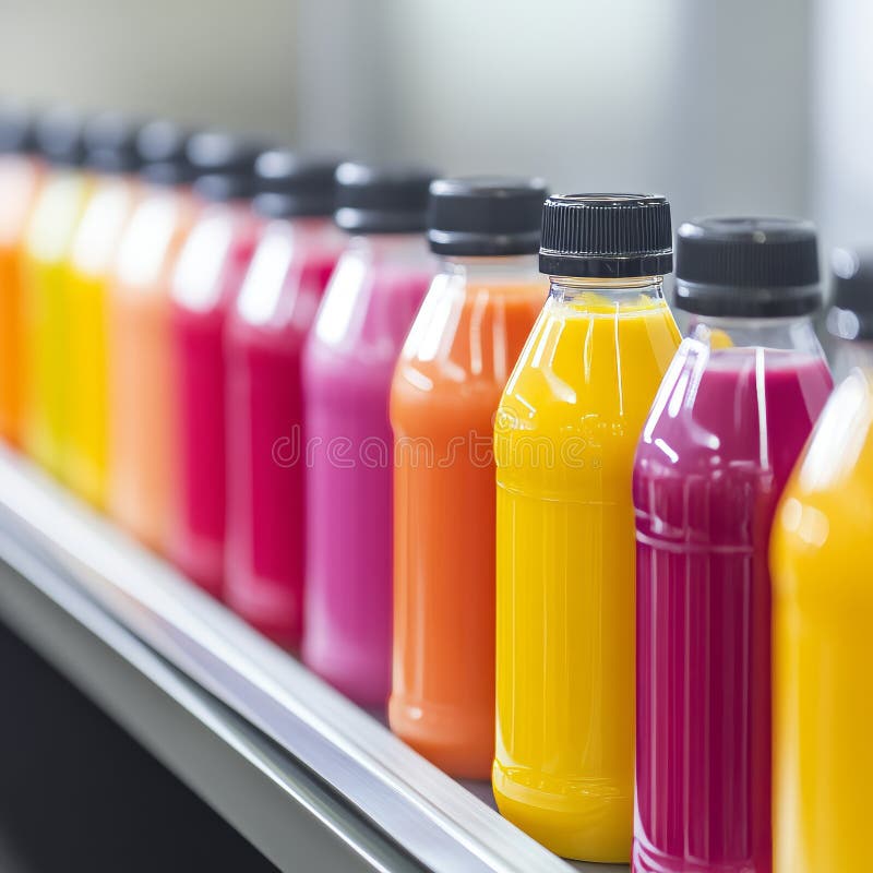 Vibrant and Fresh, the Colorful Juice Bottles are Arranged in a Row ...