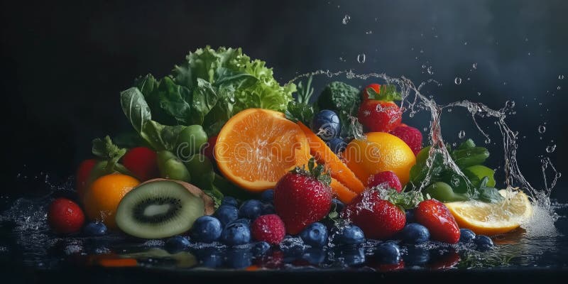 Vibrant Fresh Fruits and Vegetables with Water Splash Stock Photo ...