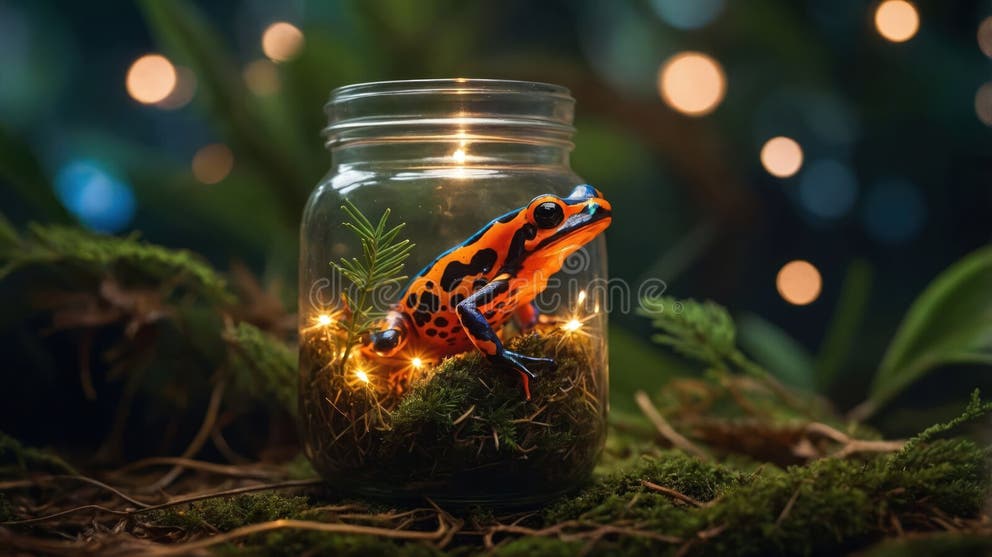 Enchanted Poison Dart Frog in Glass Jar with Fairy Lights Stock ...