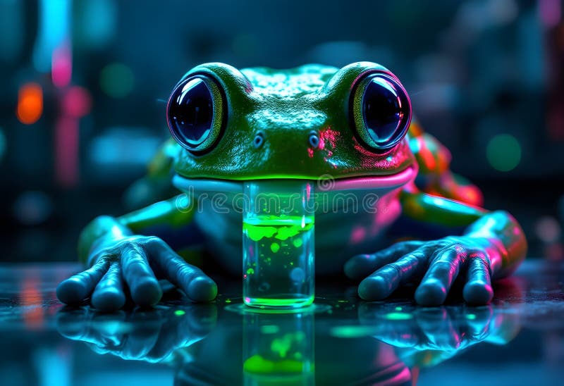 Vibrant Frog in a Lab Setting with Neon Colors Stock Illustration ...