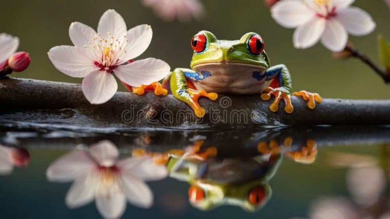 Red-eyed Tree Frog on Cherry Blossom Branch Reflection in Water Stock ...
