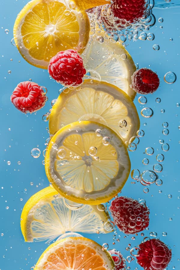 Vibrant Fruit and Berries Dance in Effervescent Bubbles, Evoking an ...