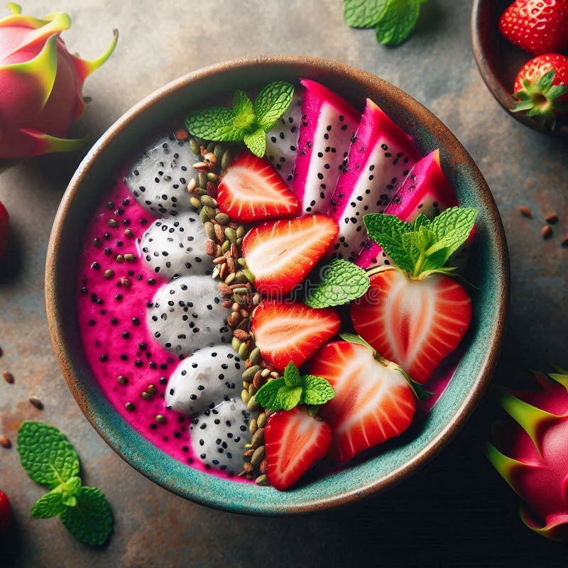 A Vibrant Fruit Bowl Featuring Dragon Fruit, Strawberries, and Seeds ...