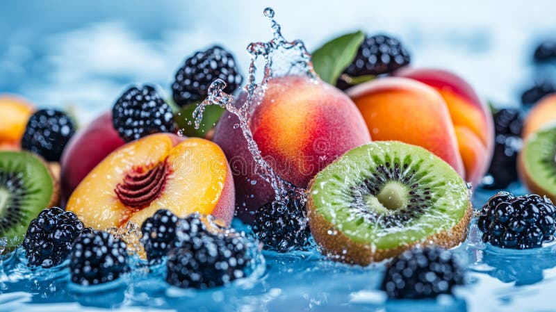 Vibrant Fruit Burst Peaches Kiwis Blackberries Exploding in Refreshing ...