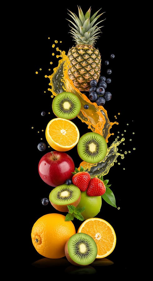 Vibrant Fruit Explosion with Juicy Splashes on Black Background. Stock ...