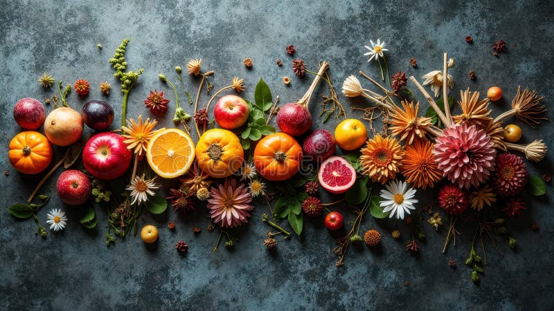 Vibrant Fruit and Floral Arrangement on Textured Surface in Autumn ...