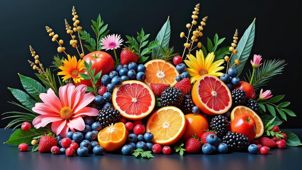Vibrant Fruit and Flower Arrangement with Oranges and Berries on Dark ...