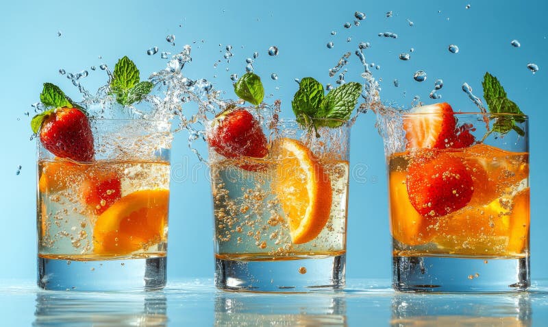 Vibrant Fruit and Juice are Splashed Across a Background of Light Blue ...