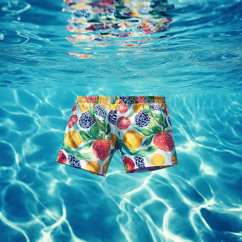 Vibrant Fruit-patterned Swim Shorts Floating in Clear Pool Water Stock ...